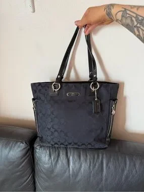 Coach | Bags | Coach Black Signature Jacquard Tote With Leather Straps ...